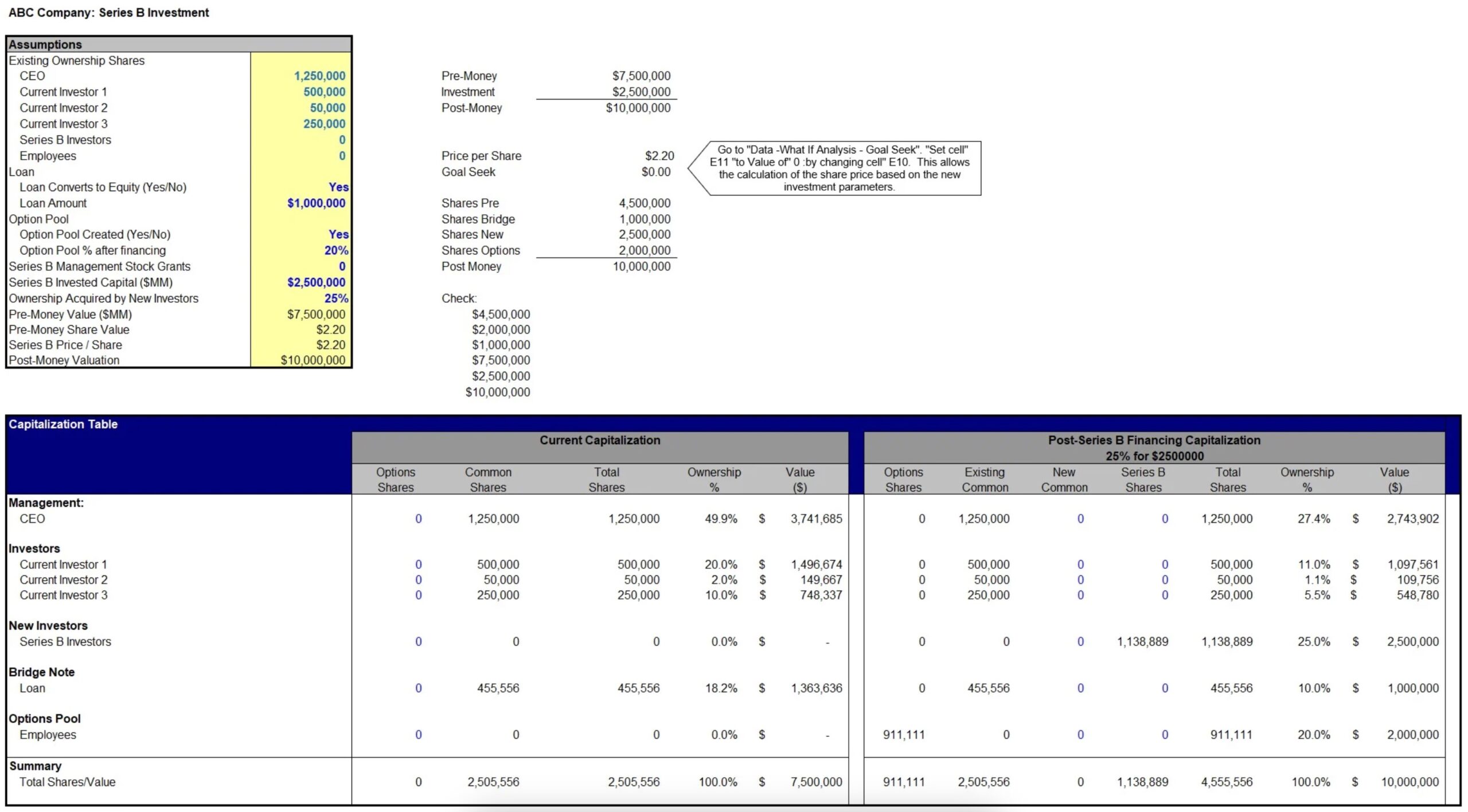 Cap Table Startup Template Calculation Example